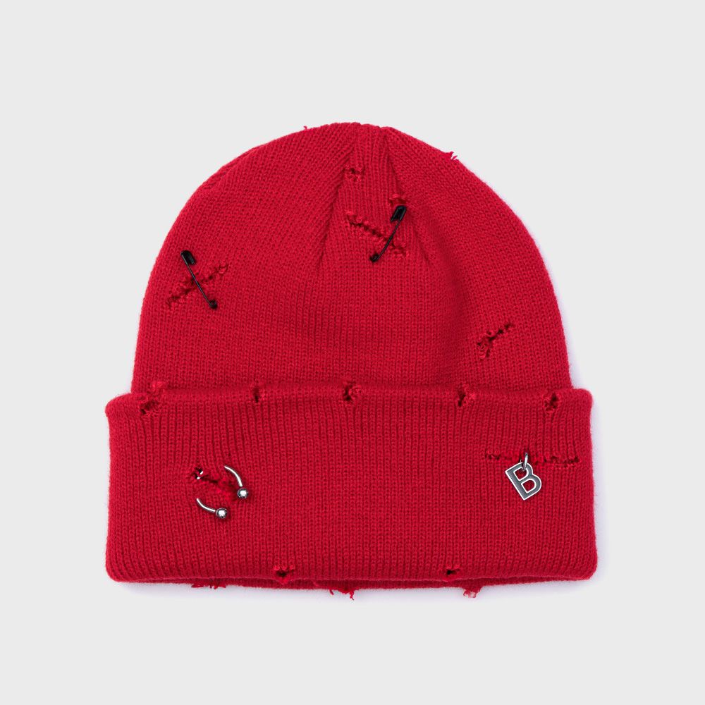 BBD Ripped Piercing Custom Beanie (Red) - 감도 깊은 취향 셀렉트샵 29CM
