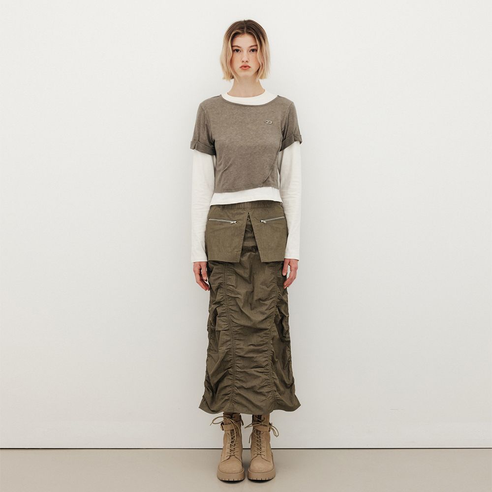 PUCKERING COTTON DOUBLE LAYERED LONG SKIRT - KHAKI BROWN - 감도 깊은 취향 셀렉트샵 29CM