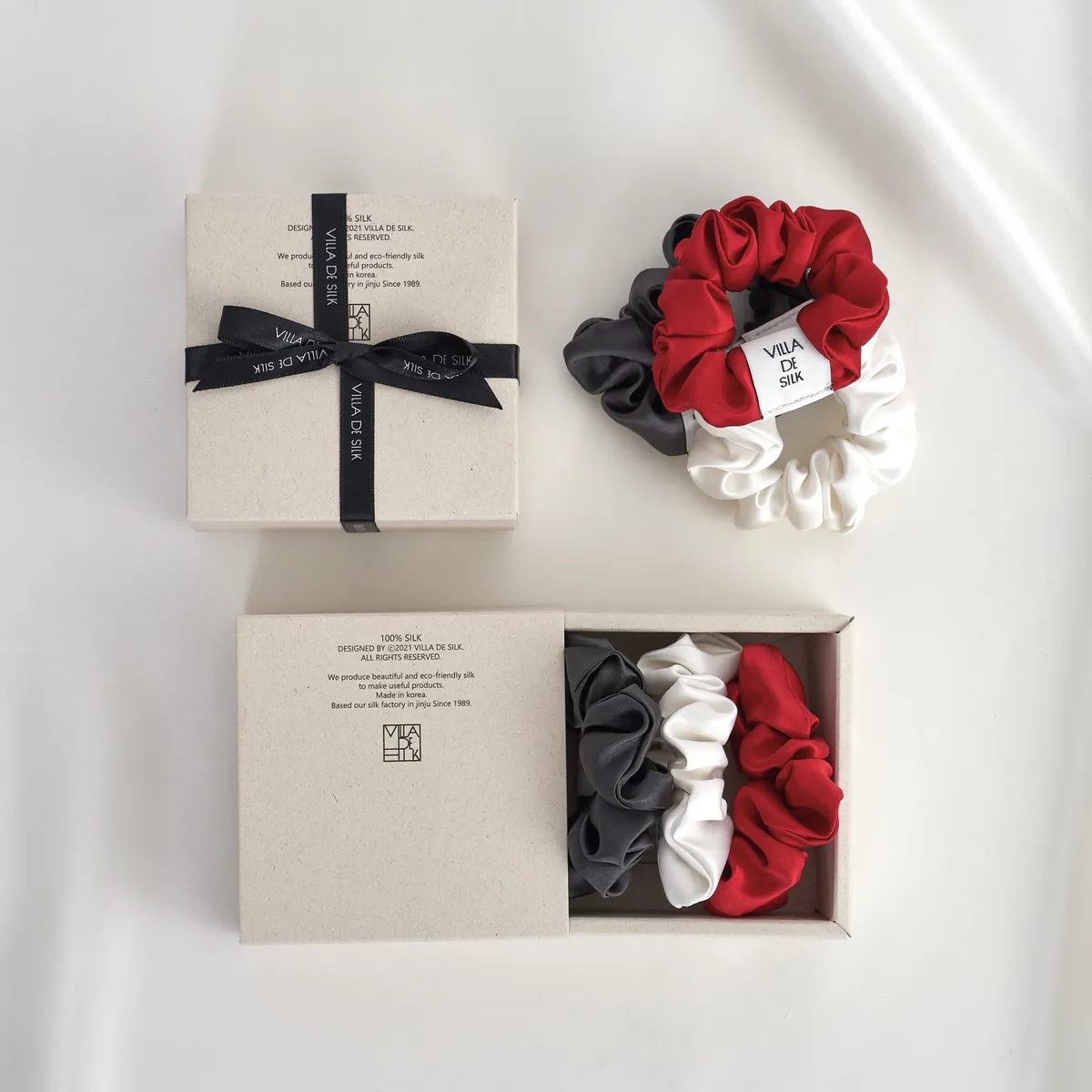 Baby scrunchie 3set(Off-white/Cherry red/Charcoal)실크 스크런치 세트 - 감도 깊은 취향 ...