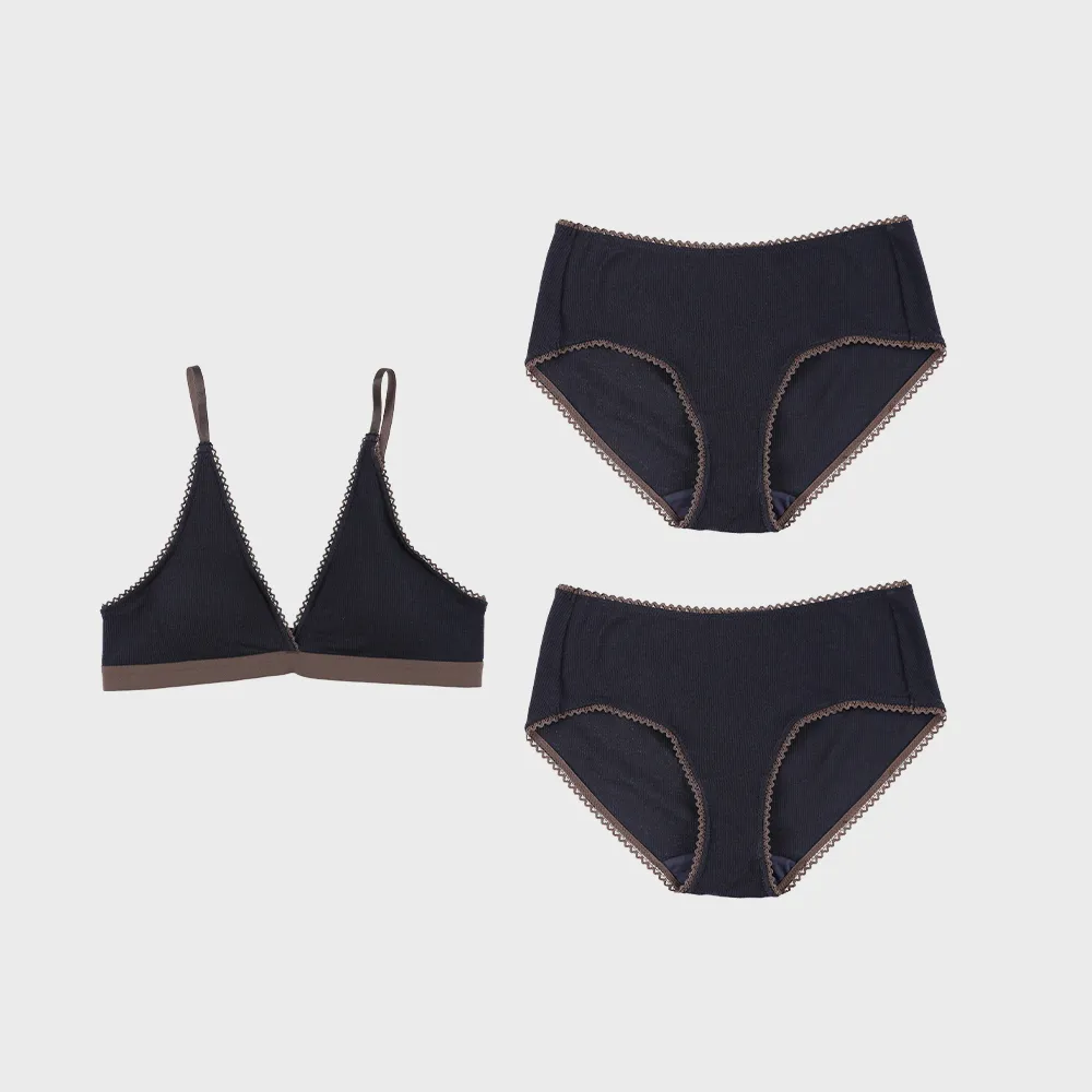 (3 pack) Triangle ribbed tencel set Midnight (미드나잇 브라1+팬티2) - 감도 깊은 취향 셀렉트샵 29CM