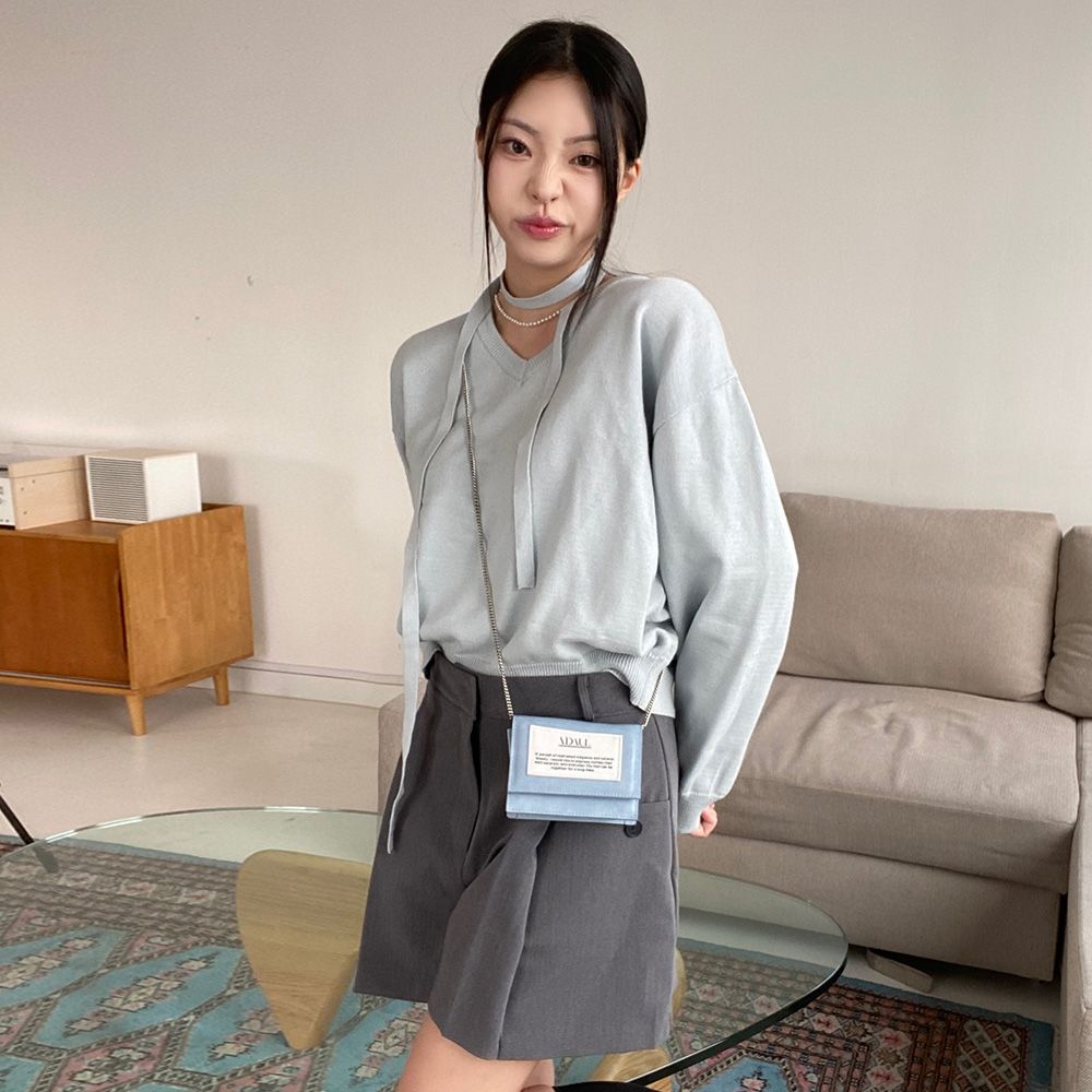 Pale v neck ribbon choker knit - bluegrey - 감도 깊은 취향 셀렉트샵 29CM