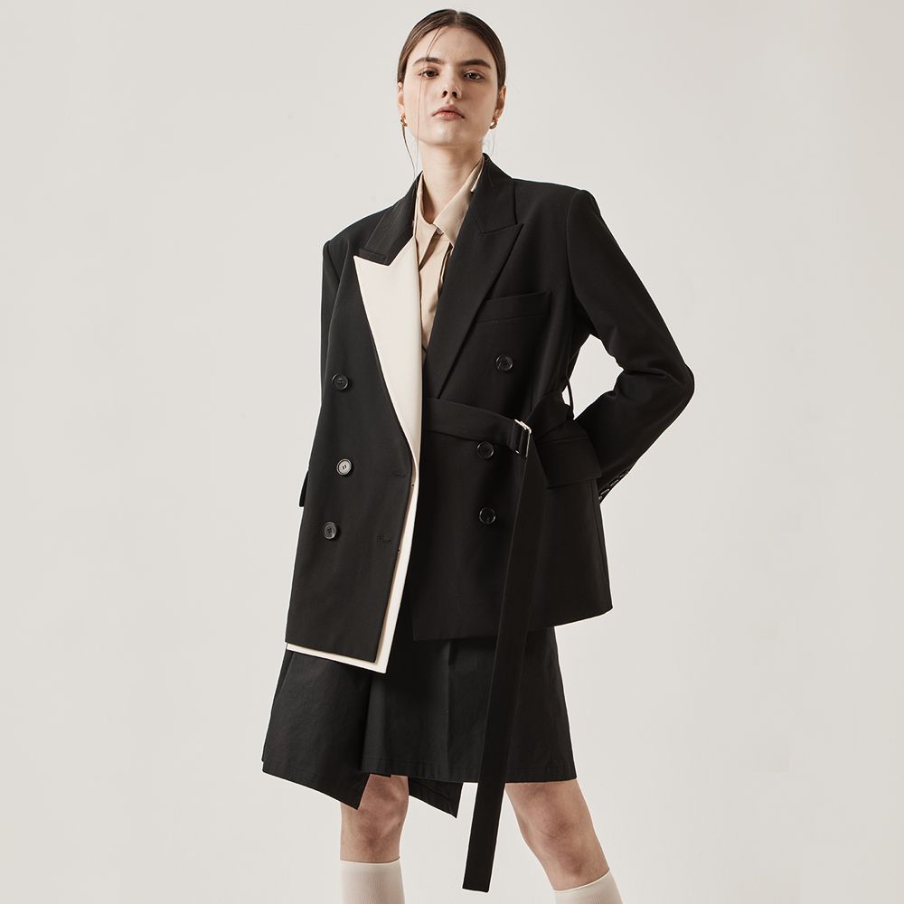 Peaked Collar Belted Jacket_Black + Ivory Collar - 감도 깊은 취향 셀렉트샵 29CM