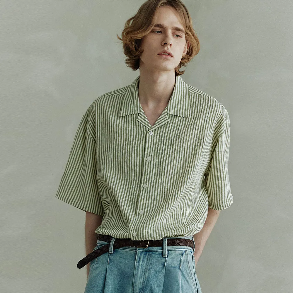 Open Cara Crease Stripe Shirt [Avocado Green] - 감도 깊은 취향 셀렉트샵 29CM