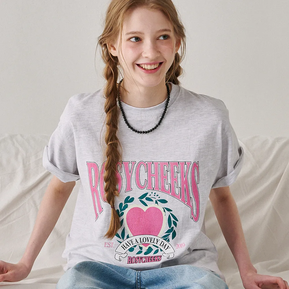 ROSY CHEEKS HEART LAUREL BASIC FIT T SHIRT WHITE MELANGE - 감도 깊은 취향 셀렉트샵 29CM