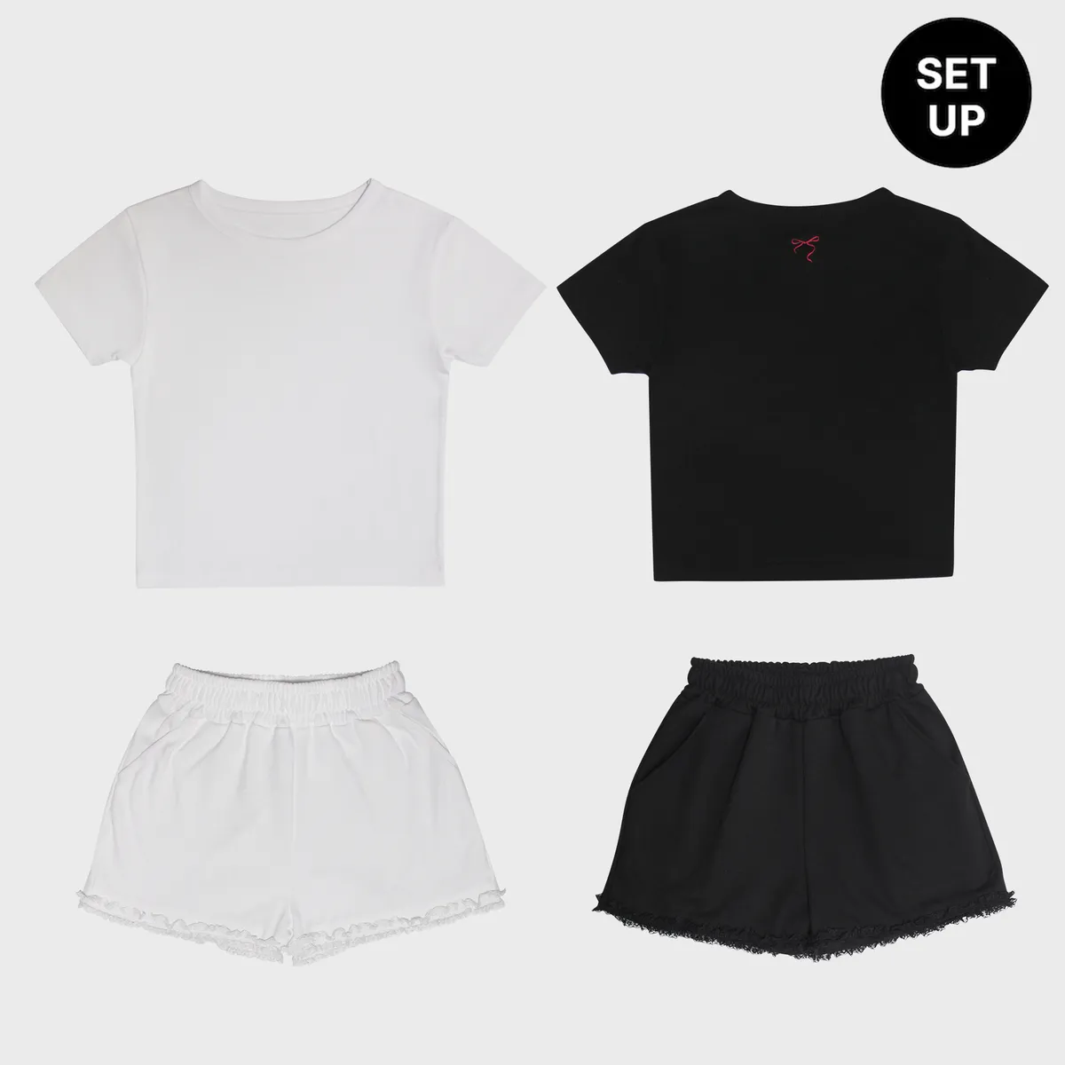 [단독구성][SET] 슬림 크롭 백리본 티셔츠 + 레이스 쇼츠 팬츠 셋업 (2칼라) - 감도 깊은 취향 셀렉트샵 29CM