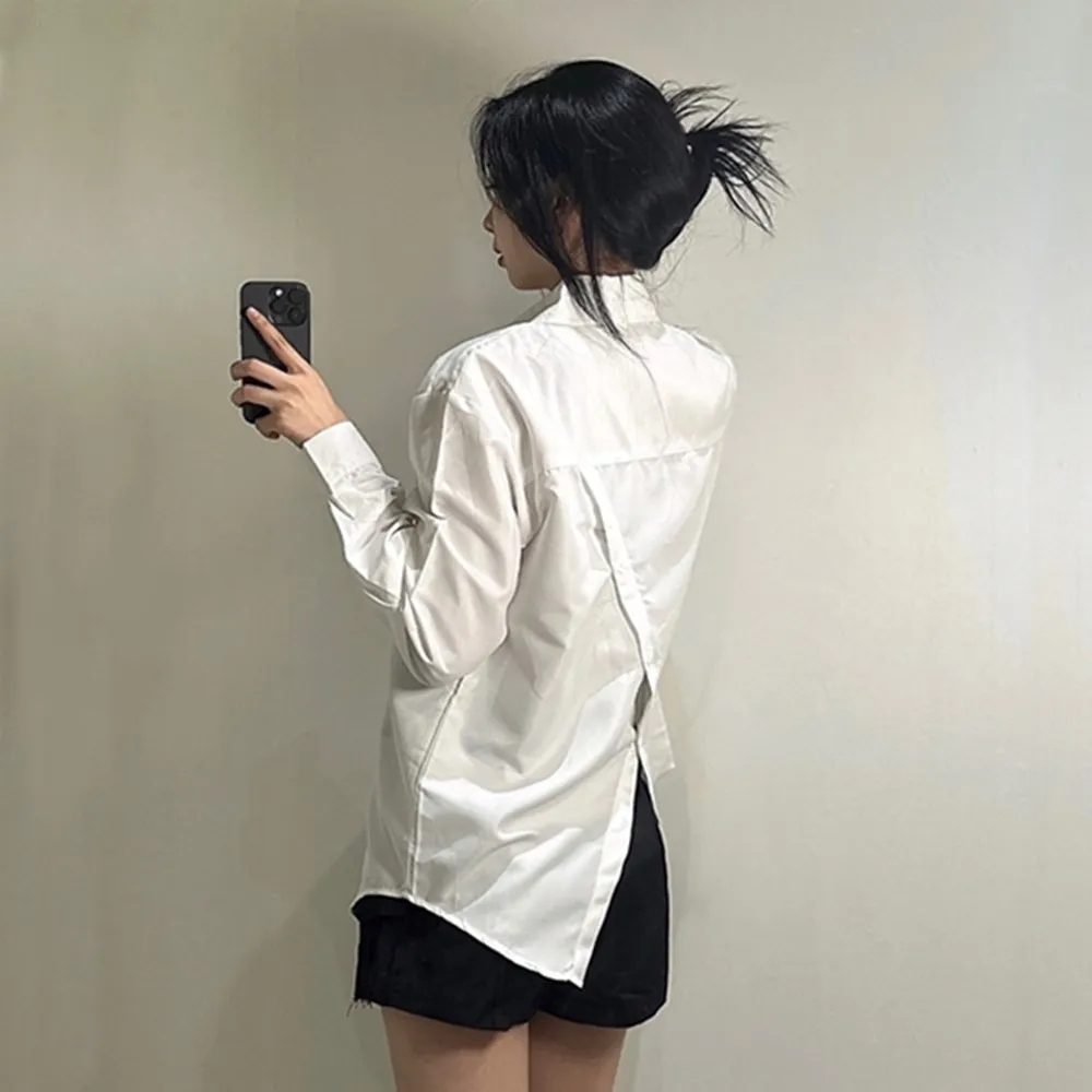 여성 언발 뒷트임 투웨이 긴팔 남방 셔츠 난방 [2color 여자 뒤트임 와이셔츠 오버핏 트임 카라 지퍼 버튼 루즈핏 블라우스 유니크 캐주얼 상의 옷 T44] - 감도 깊은 ...