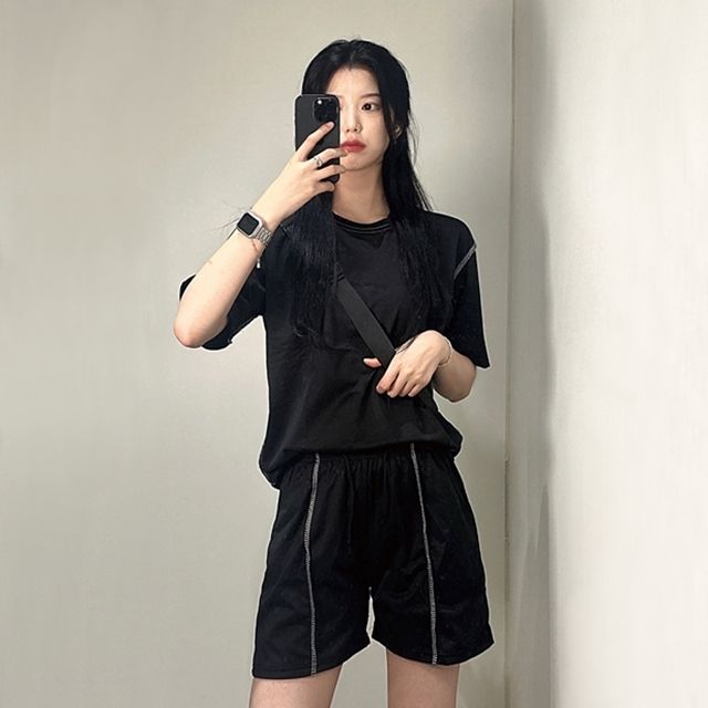 스티치 트레이닝 셋업 반팔 티 반바지 세트 SET [2color 여자 루즈핏 여성 츄리닝 추리닝 트레이닝복 운동복 여름 면 티셔츠 편한 밴딩 바지 T46] - 감도 깊은 ...