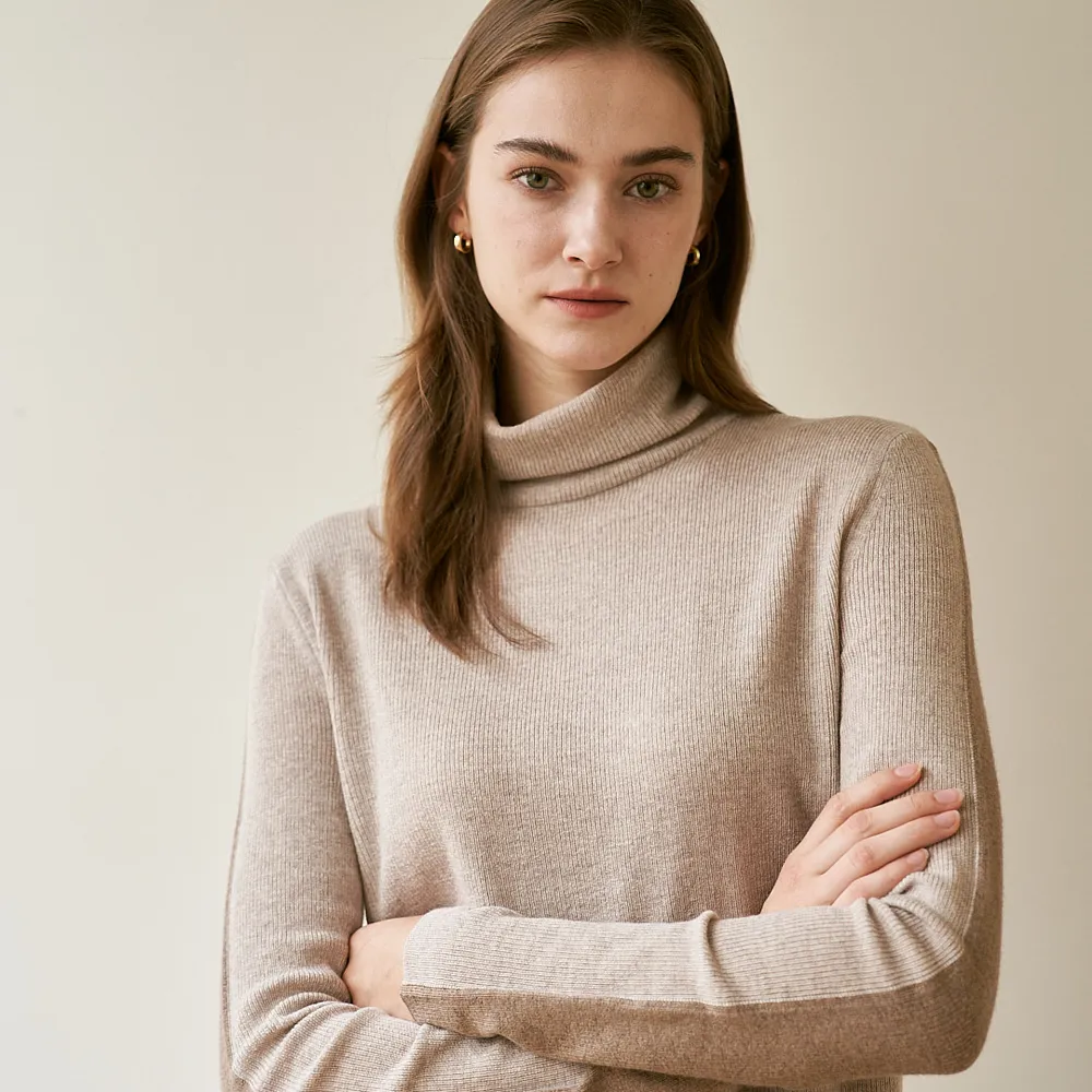 [제냐 바루파] 프리미엄 이탈리안 캐시 울100% 컬러블럭 터틀넥 - Luxury Oatmeal + Melange brown - 감도 깊은 취향 셀렉트샵 29CM