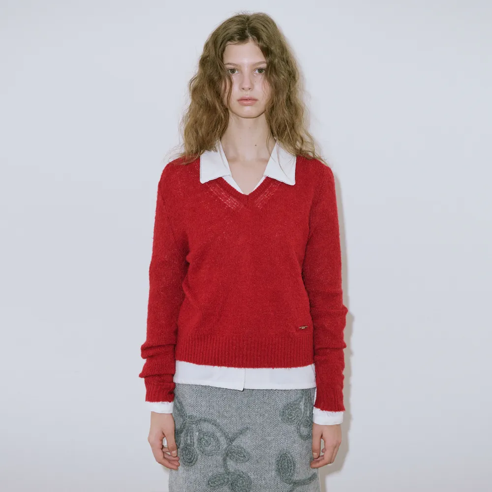 Hairy Boucle V-Neck Knit (Red) - 감도 깊은 취향 셀렉트샵 29CM