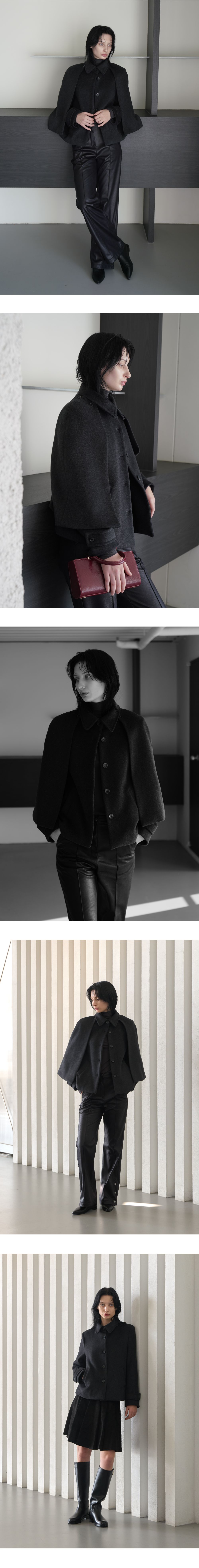 Wool Blend Quilted Lining Cape Short Coat (Detachable Cape) Charcoal ...