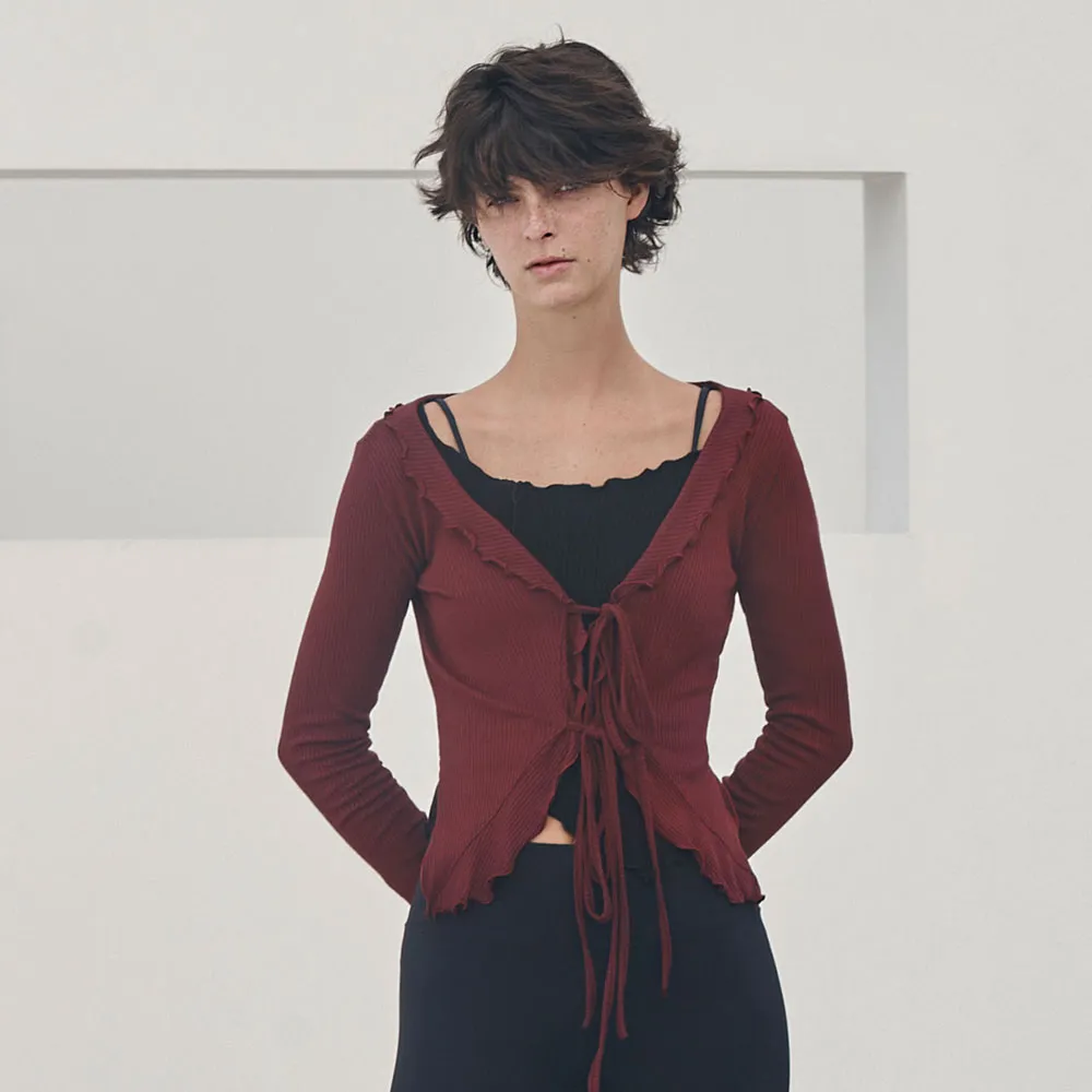 여성 요가복 DEVI-O0013-버건디 필라테스 라일리 러플 리본 가디건 - 감도 깊은 취향 셀렉트샵 29CM