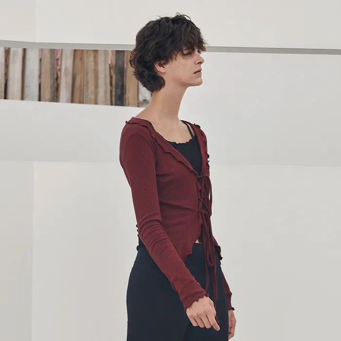 여성 요가복 DEVI-O0013-버건디 필라테스 라일리 러플 리본 가디건 - 감도 깊은 취향 셀렉트샵 29CM