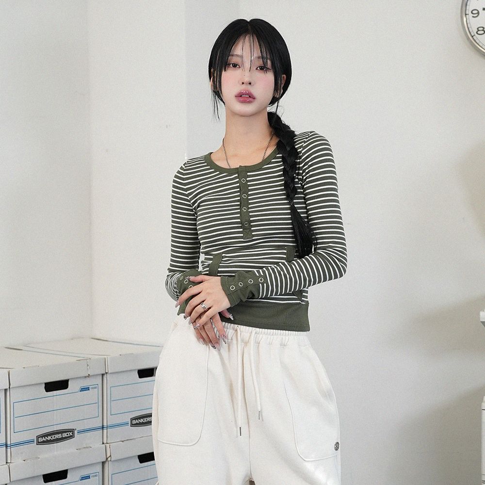 Four botton striped T-shirt (green) - 감도 깊은 취향 셀렉트샵 29CM