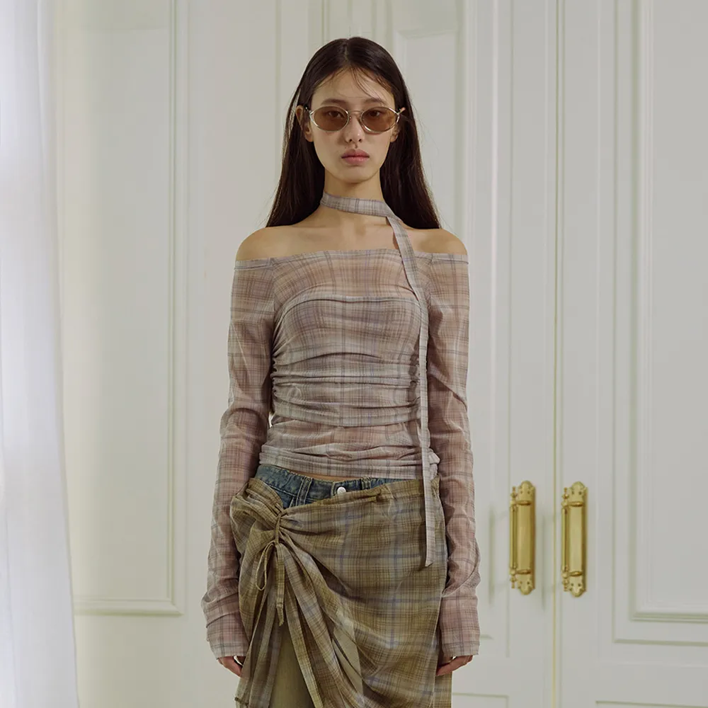 CHECK RIBBON OFF-SHOULDER DRAPE TOP, BEIGE - 감도 깊은 취향 셀렉트샵 29CM