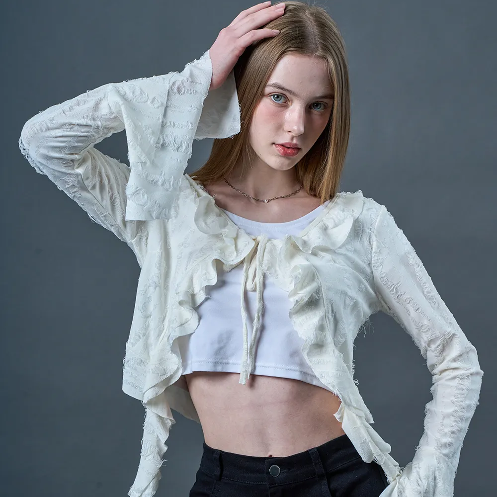 [CP] 크롭 러프 셔링 스트랩 레이어드 긴팔티 가디건 [IVORY] KCL. - 감도 깊은 취향 셀렉트샵 29CM