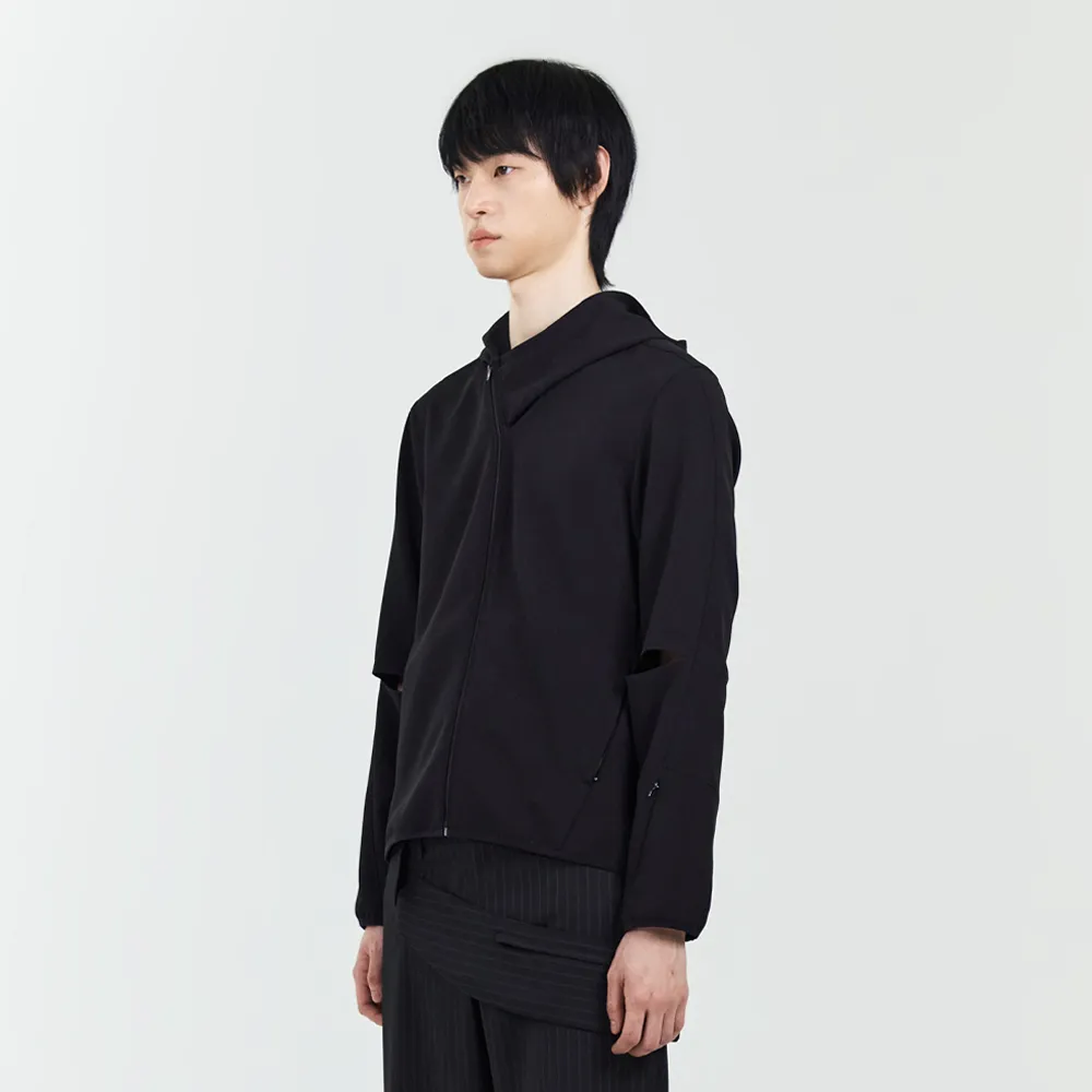 CUT-OUT SLEEVE HOODED ZIP JACKET BLACK - 감도 깊은 취향 셀렉트샵 29CM