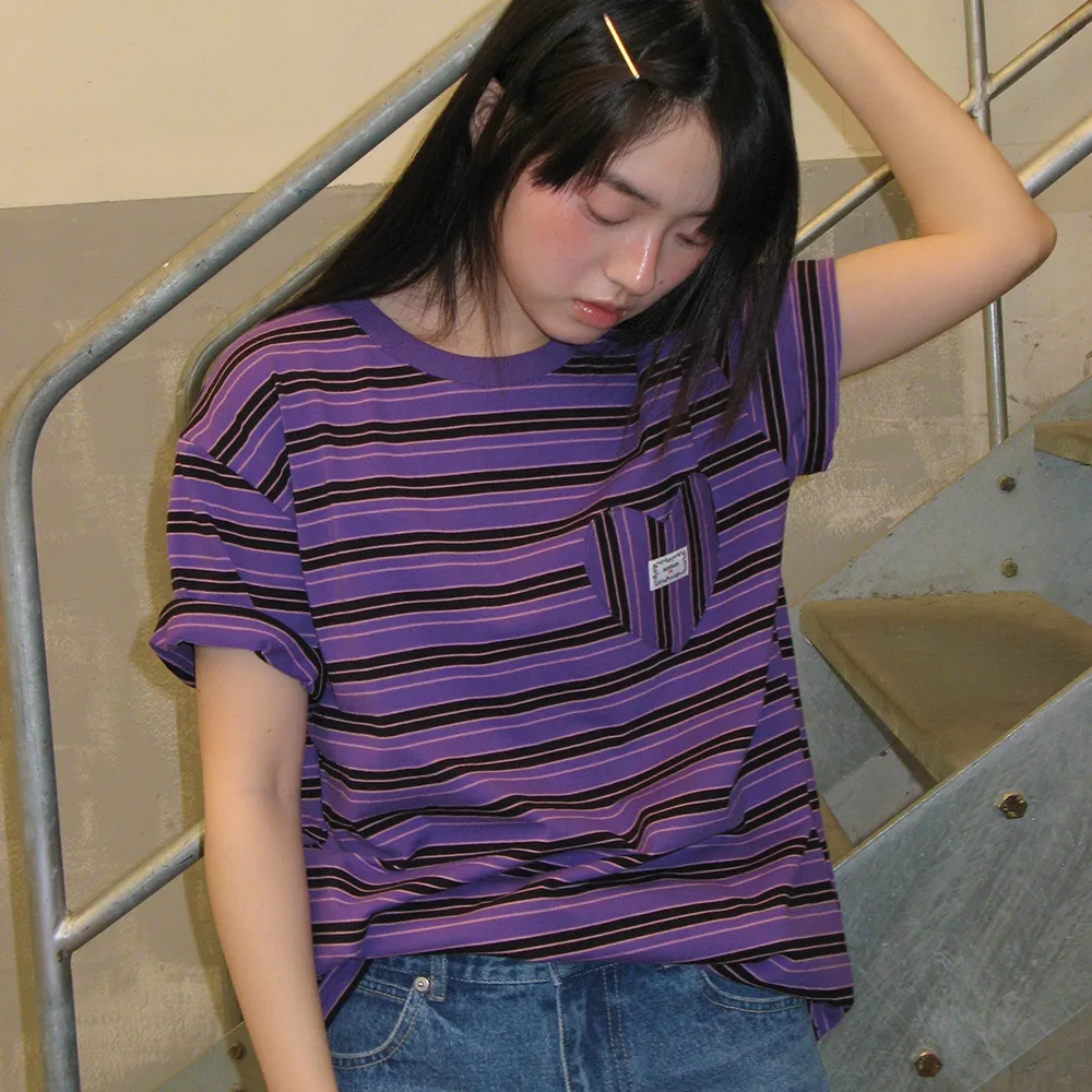 MULTI STRIPE HEART POCKET BASIC FIT T SHIRT PURPLE - 감도 깊은 취향 셀렉트샵 29CM