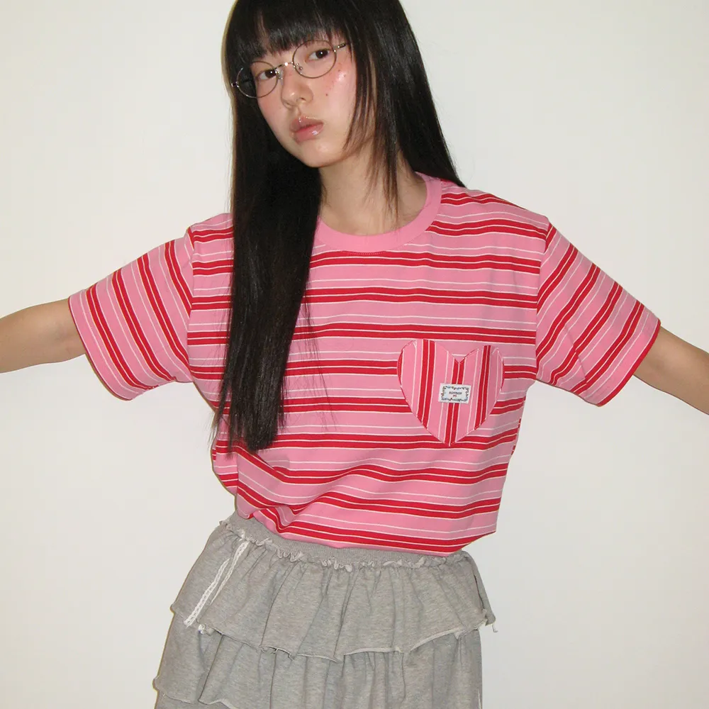 MULTI STRIPE HEART POCKET BASIC FIT T SHIRT RED - 감도 깊은 취향 셀렉트샵 29CM