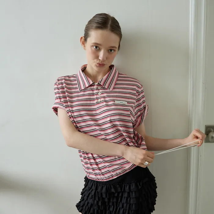 STRIPE STRING COLLAR HALF T-SHIRT_PINK - 감도 깊은 취향 셀렉트샵 29CM