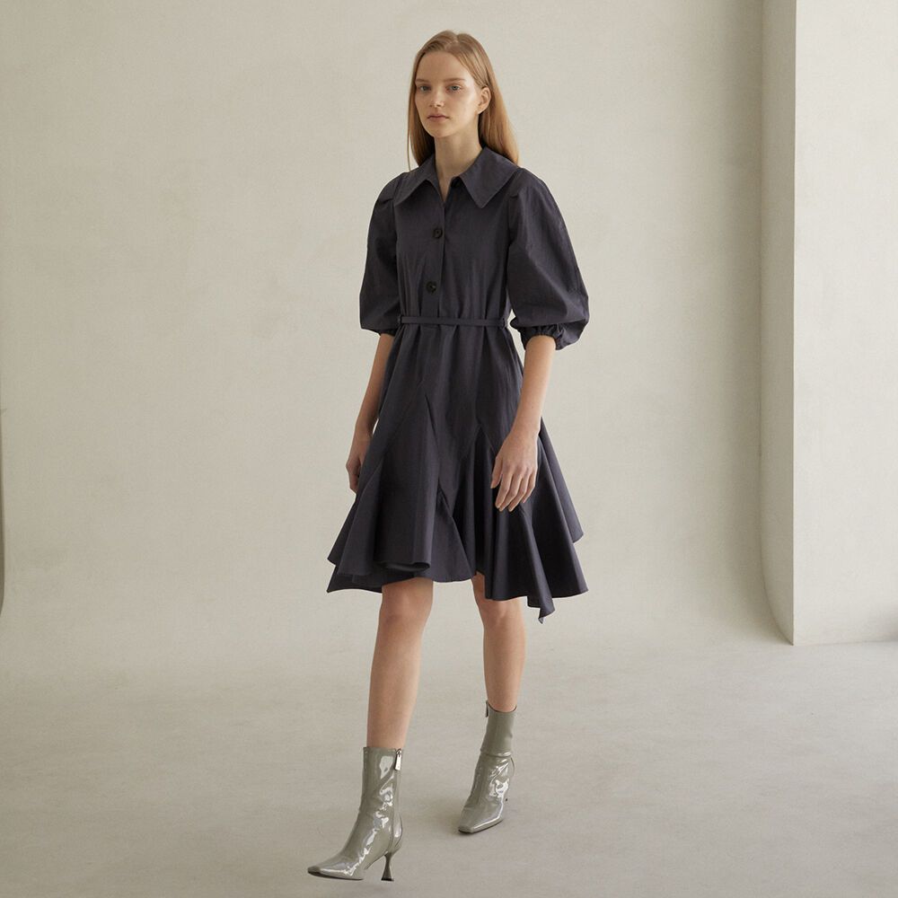 KAJA_RUFFLE SKIRT & VOLUME SLEEVE BELTED DRESS_CHACOL BLUE - 감도 깊은 취향 ...