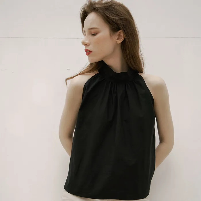 Shirring Halter Neck Back Button Blouse Black - 감도 깊은 취향 셀렉트샵 29CM