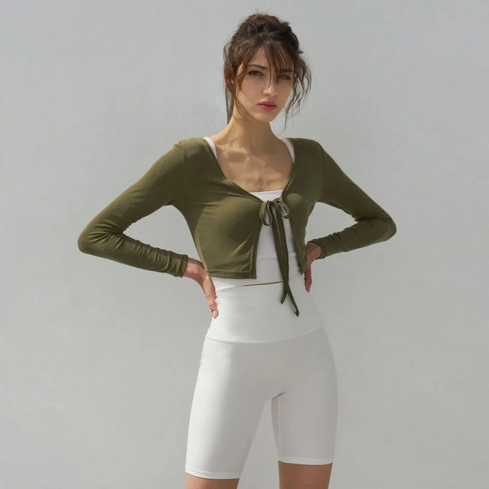 여성 요가복 DEVI-T0063-카키 필라테스 크롭 리본 가디건 - 감도 깊은 취향 셀렉트샵 29CM