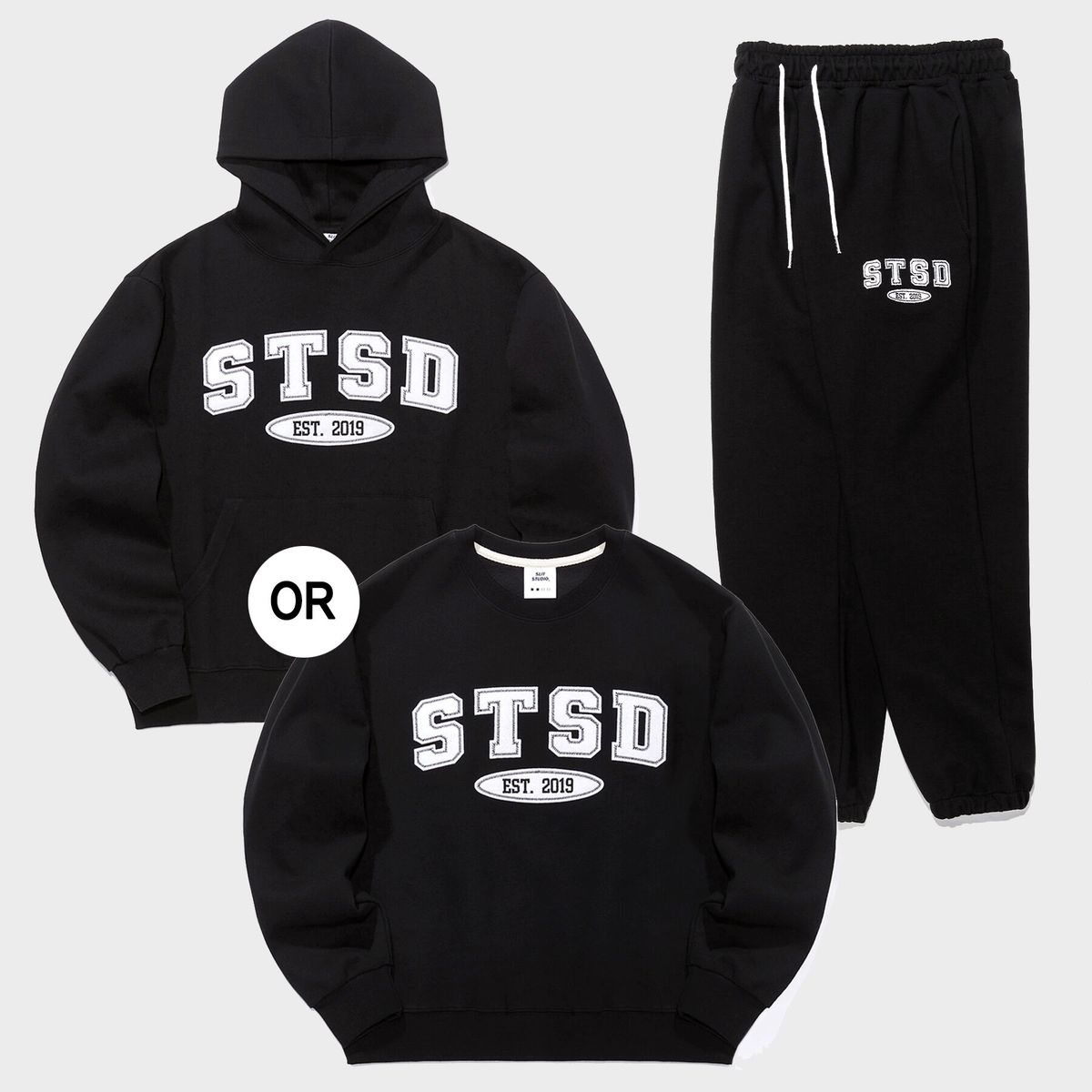 [SET] STSD 아치 로고 스웨트 셔츠 후드 조거팬츠 셋업 2P 블랙 - 감도 깊은 취향 셀렉트샵 29CM