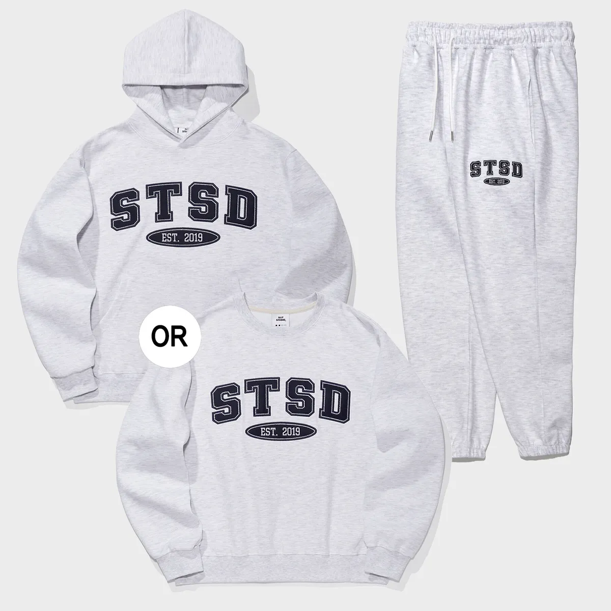 [SET] STSD 아치 로고 스웨트 셔츠 후드 조거팬츠 셋업 2P 멜란지 그레이 - 감도 깊은 취향 셀렉트샵 29CM