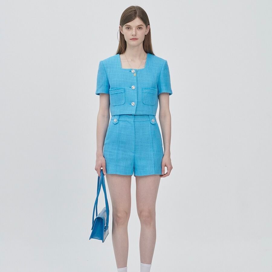 Tweed cropped tailored square neck jacket - Marine blue - 감도 깊은 취향 셀렉트샵 ...