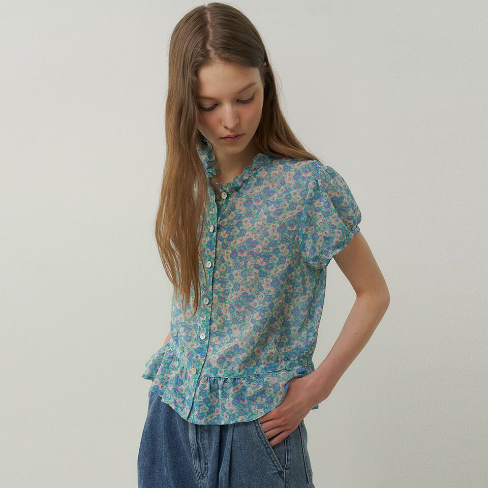 flower ruffle blouse [Japanese fabric] (blue) - 감도 깊은 취향 셀렉트샵 29CM