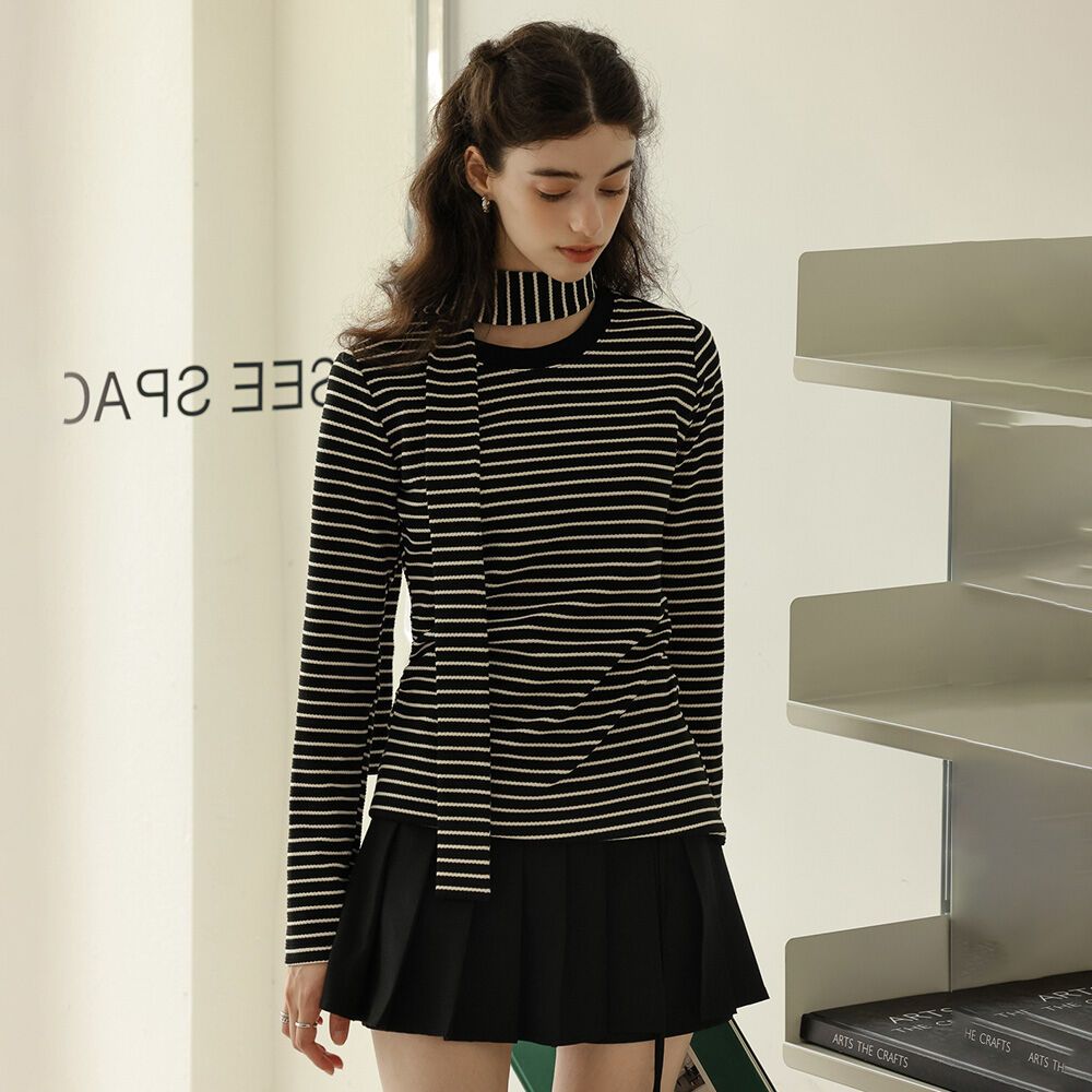 DD_Striped round neck scarf top_BLACK - 감도 깊은 취향 셀렉트샵 29CM