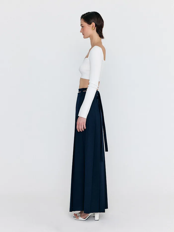 WOVEL Double-Belted Pleated Maxi Skirt - Navy - 감도 깊은 취향 셀렉트샵 29CM