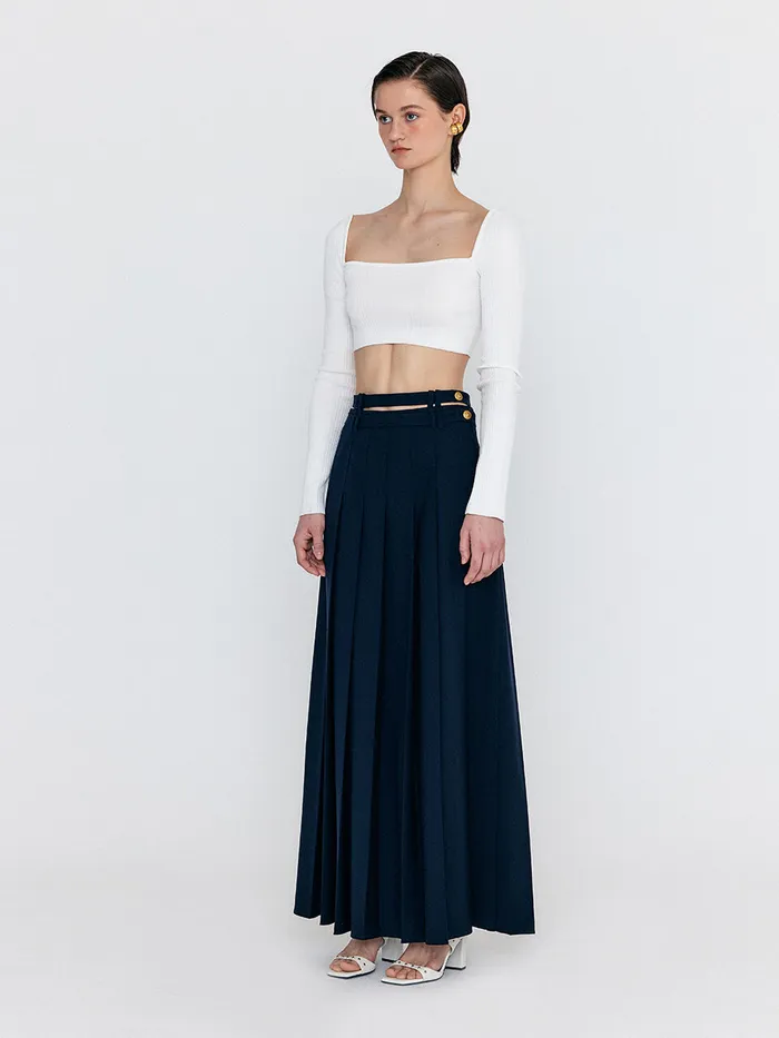 WOVEL Double-Belted Pleated Maxi Skirt - Navy - 감도 깊은 취향 셀렉트샵 29CM