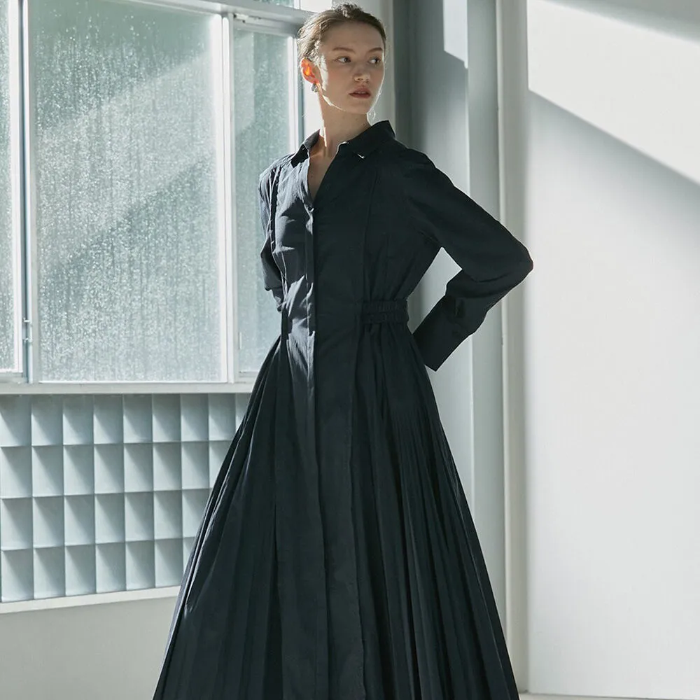 Open collar hidden pleats dress - navy - 감도 깊은 취향 셀렉트샵 29CM