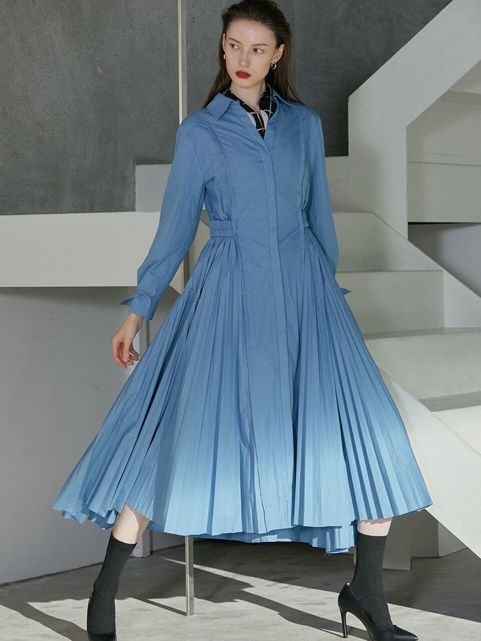 Open collar hidden pleats dress - blue - 감도 깊은 취향 셀렉트샵 29CM