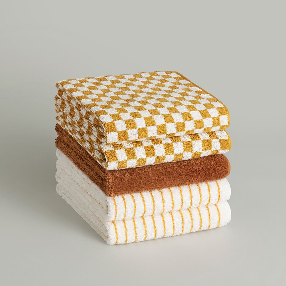 페이스 타월 5P기획 - 아몬드+옐로우 스트라이프+캐러멜 체커보드 (시그니처 고밀도, 고중량 세안 타월_솔리드, 스트라이프) - 감도 깊은 취향 셀렉트샵 29CM