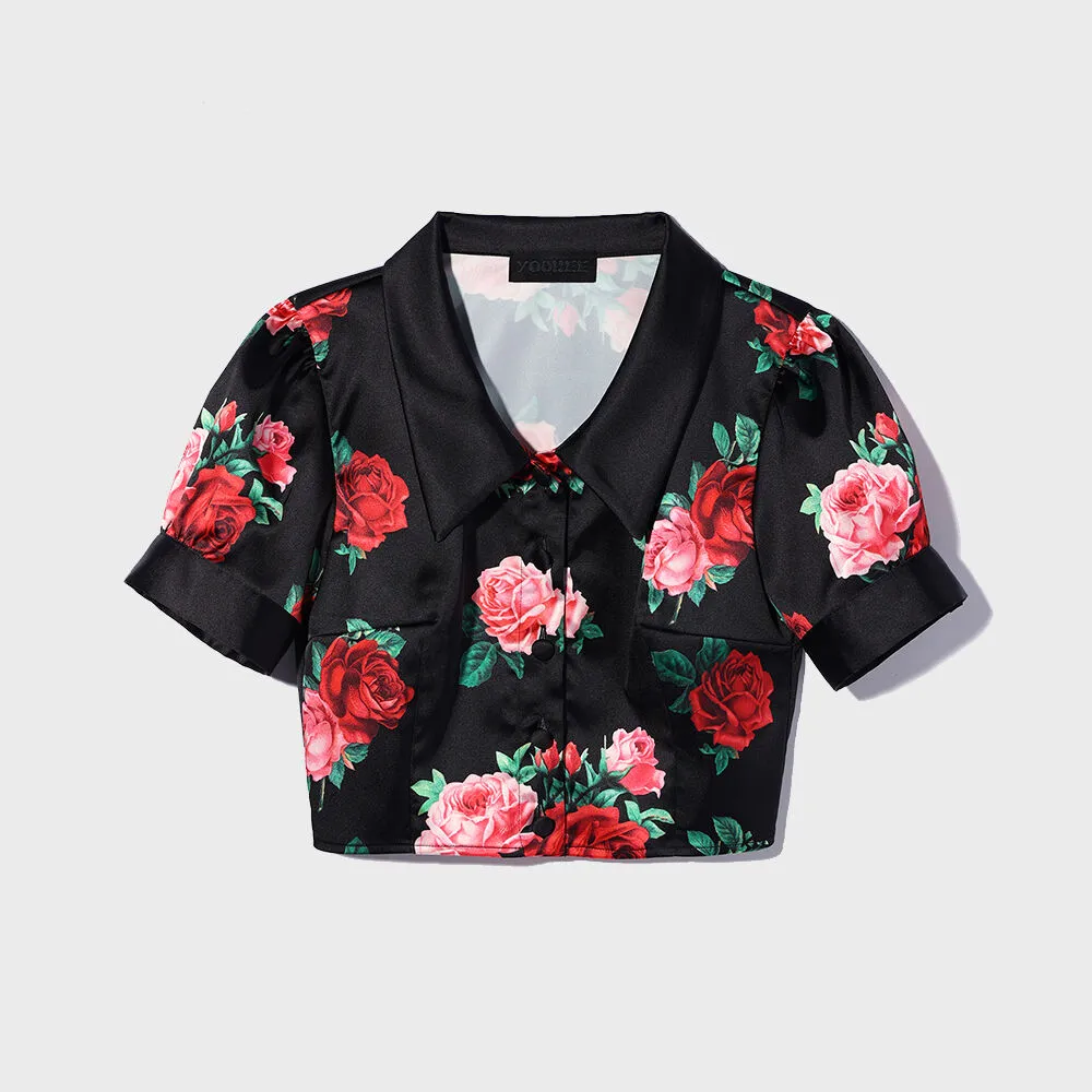 SATIN FLOWER PATTERN BLOUSE BLACK - 감도 깊은 취향 셀렉트샵 29CM