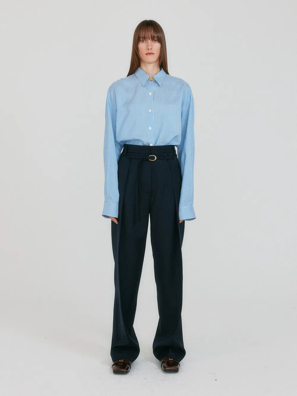ZANCY Oversized Shirt with Brooch - Sky Blue Stripe - 감도 깊은 취향 셀렉트샵 29CM